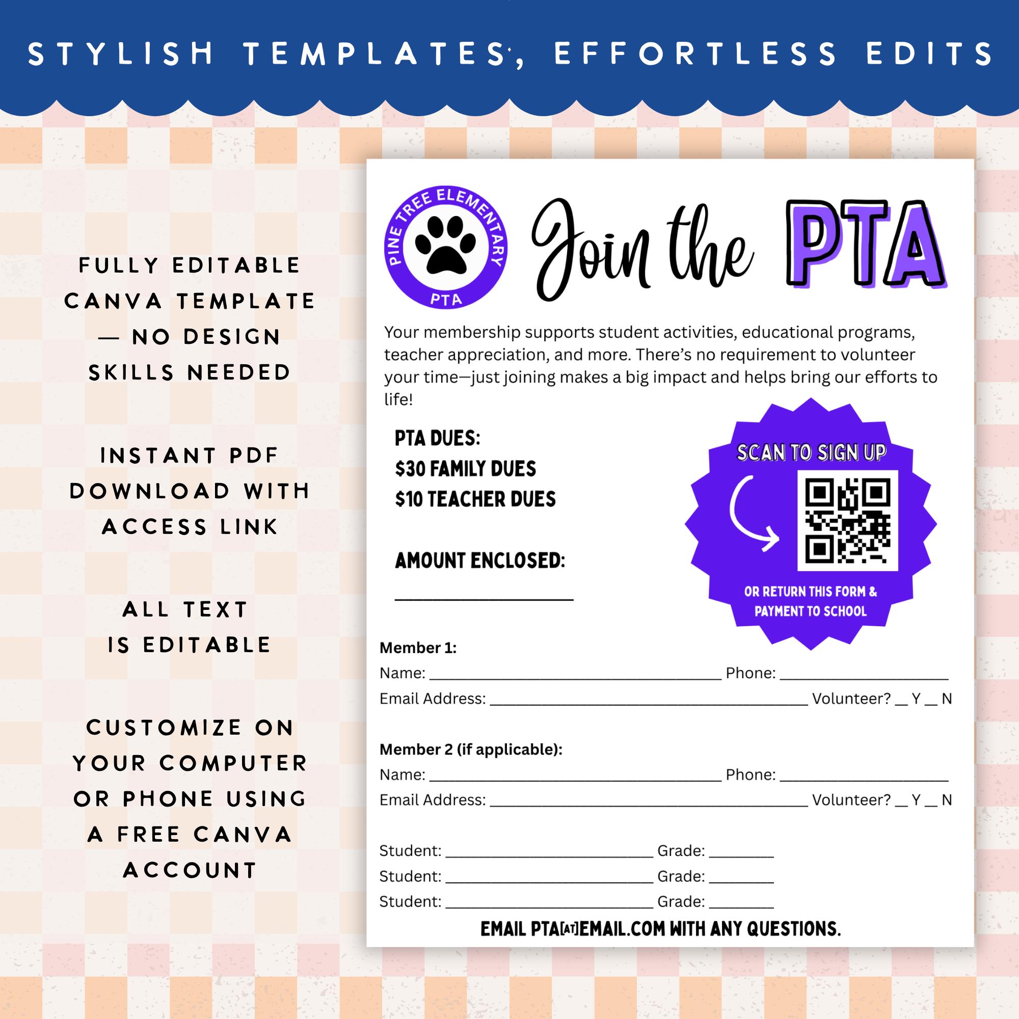 Editable PTA PTO Membership Form, Fully Editable Canva Template for ...