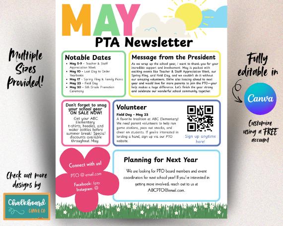 Editable Bright May PTO PTA Newsletter Template | Canva School ...