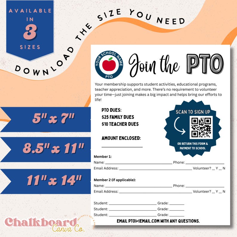 Editable PTA PTO Membership Form, Fully Editable Canva Template for ...