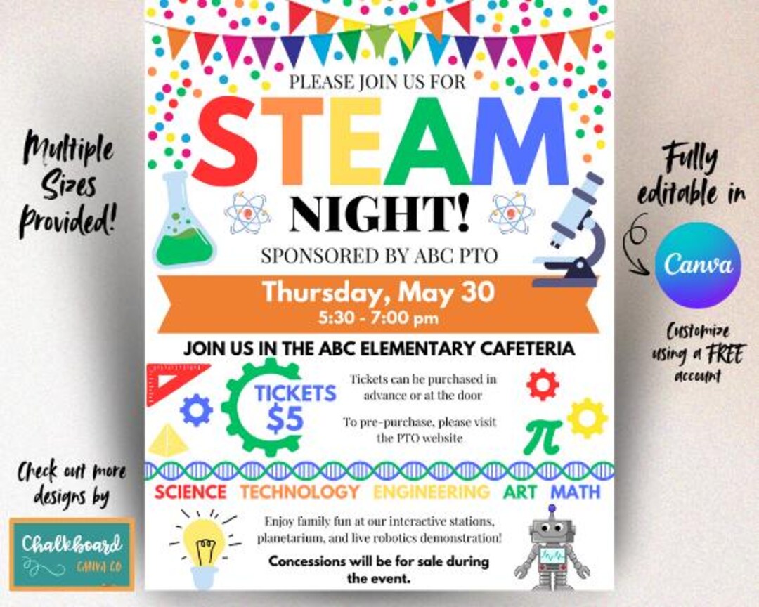 Editable STEAM Night, Science Night School Event Template | Canva ...