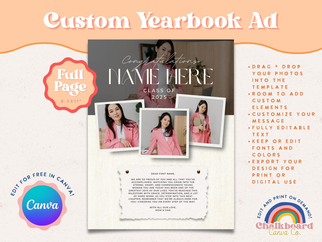 Editable Full-page Senior, Eighth Grade, Grad Yearbook Ad Template ...