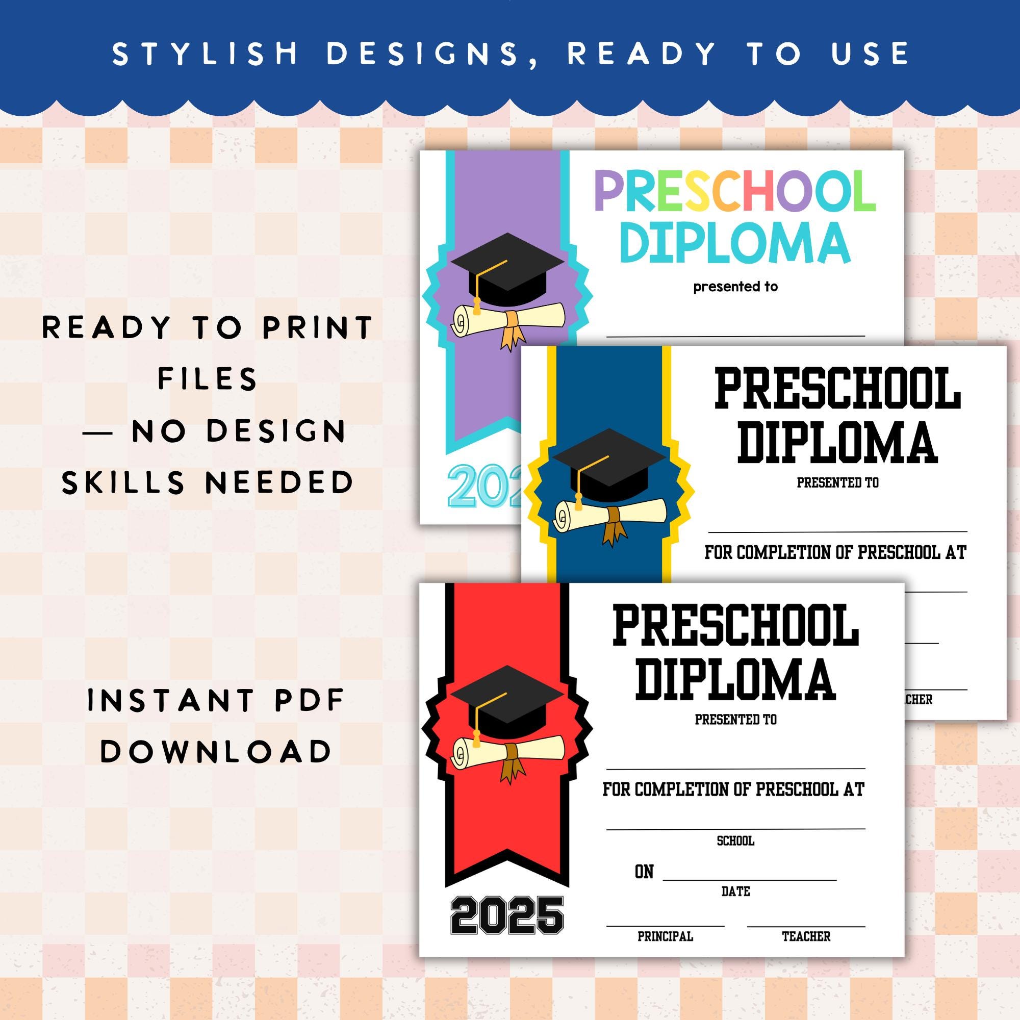 Preschool Graduation Diploma Printable, Colorful Kid's Award (digital ...