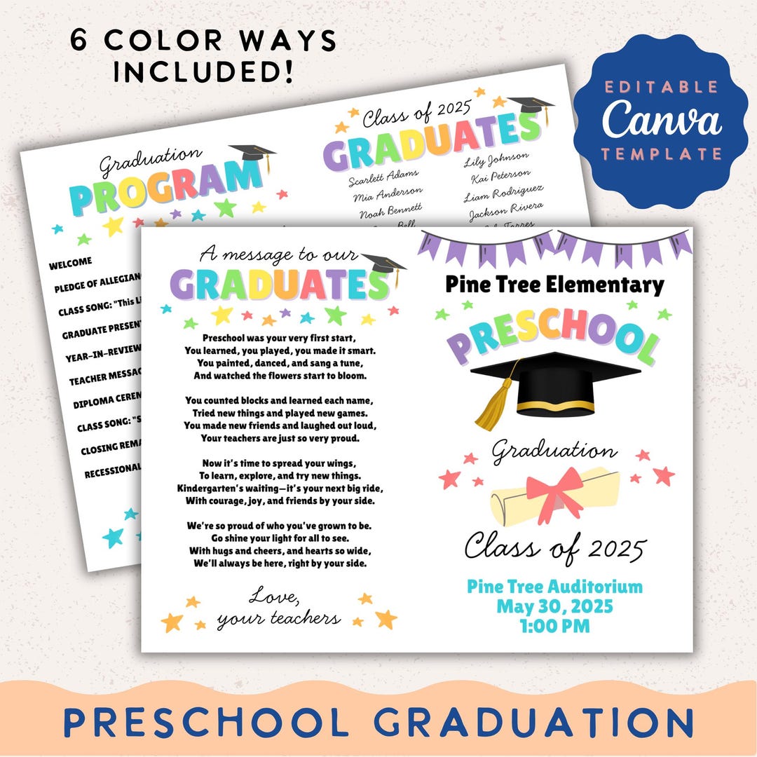 Editable Preschool Graduation Program Template: 6 Colors (canva ...