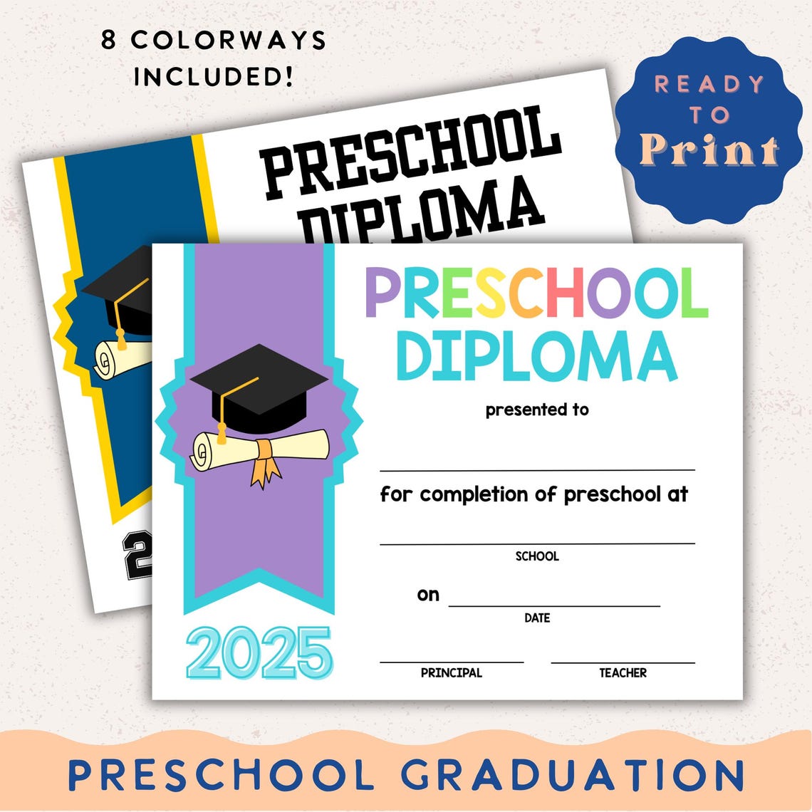 Preschool Graduation Diploma Printable, Colorful Kid's Award (digital ...