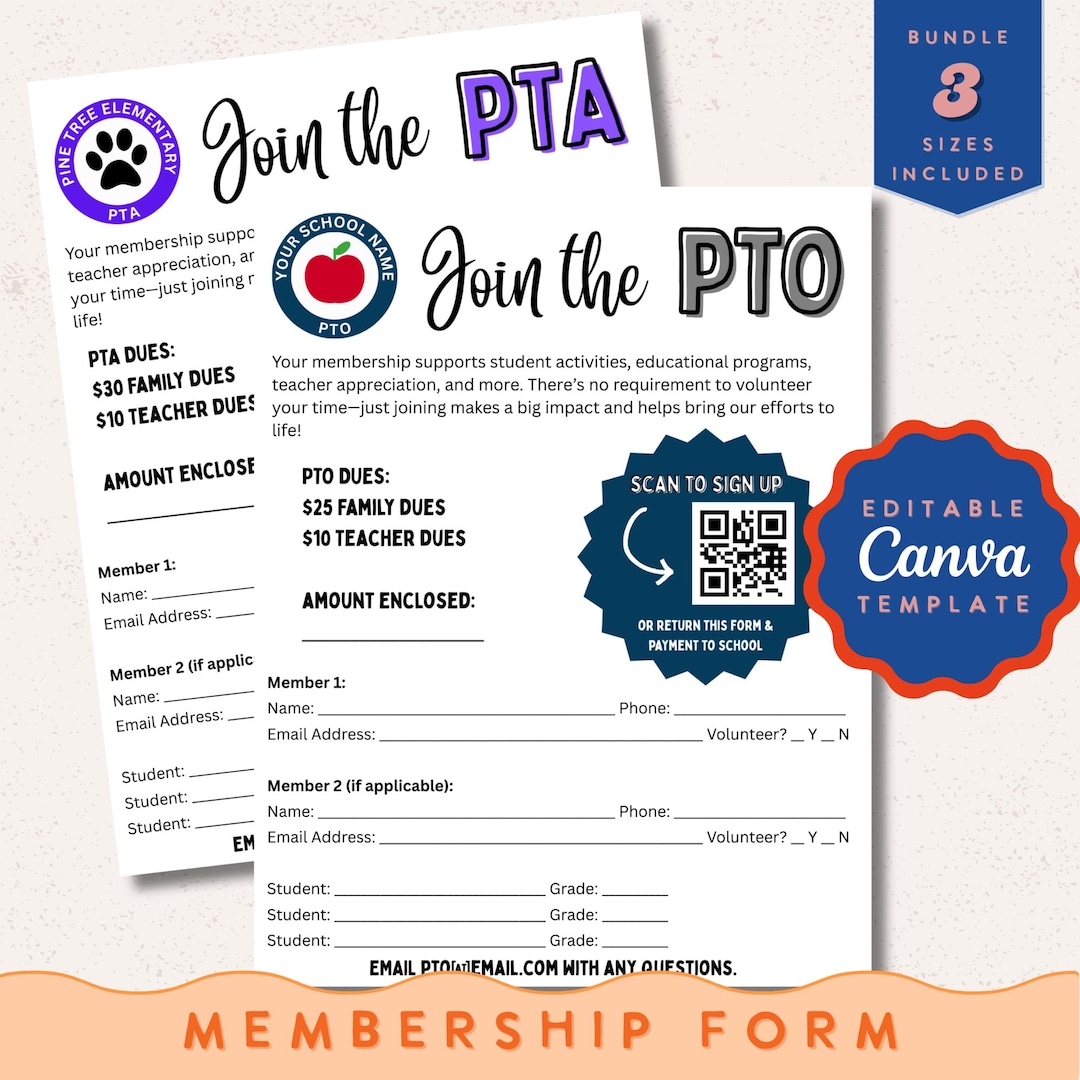 Editable PTA PTO Membership Form: Canva Template, Back to School ...