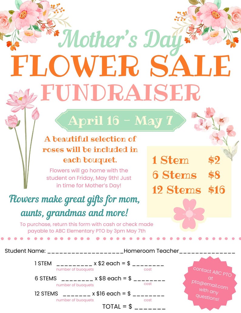 Mother's Day Flower Sale Flyer | School Fundraiser Canva Template ...