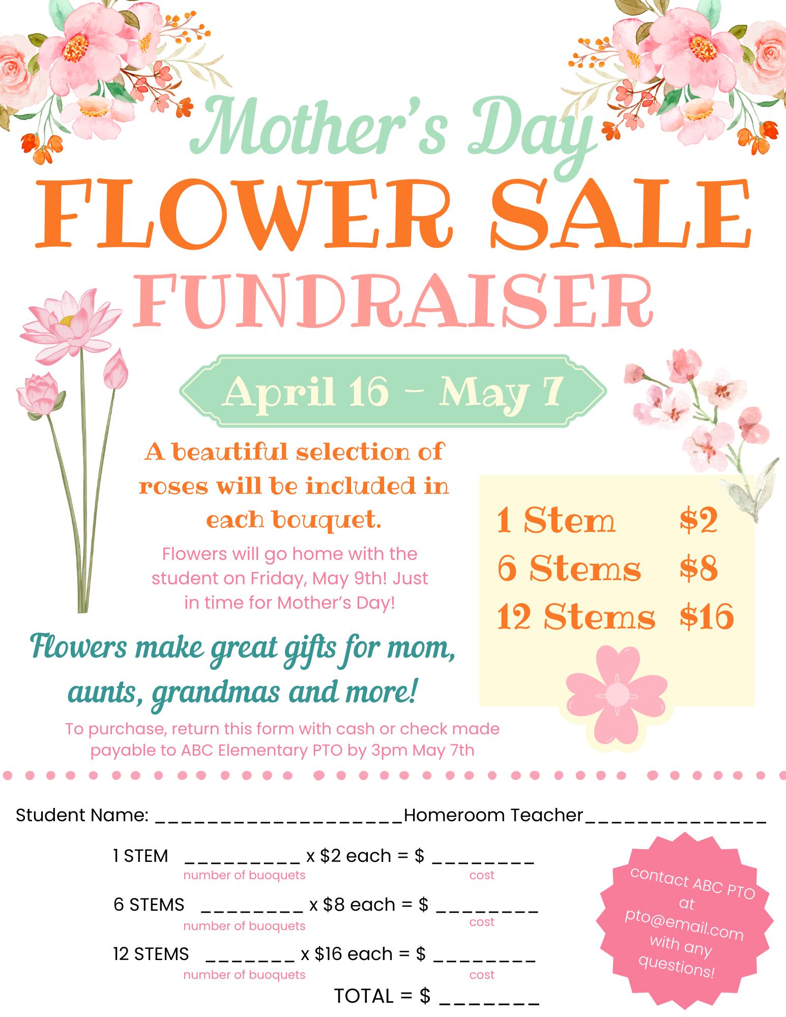 Mother's Day Flower Sale Flyer | School Fundraiser Canva Template ...