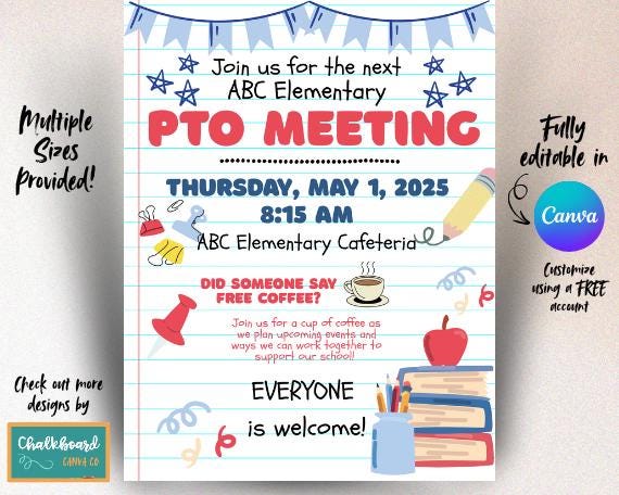 Editable PTO Meeting Flyer | Canva Template | School Event Invitation ...