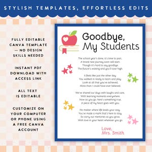 End of Year Student Letter | Teacher Goodbye Poem (canva Editable ...