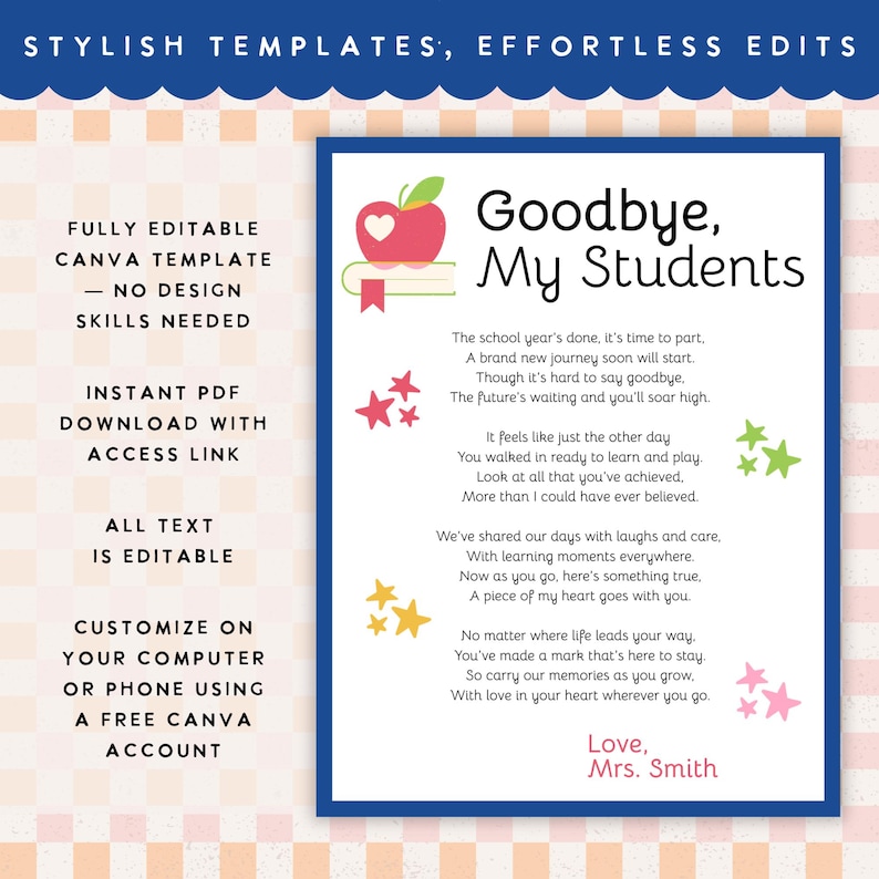 End of Year Student Letter | Teacher Goodbye Poem (canva Editable ...