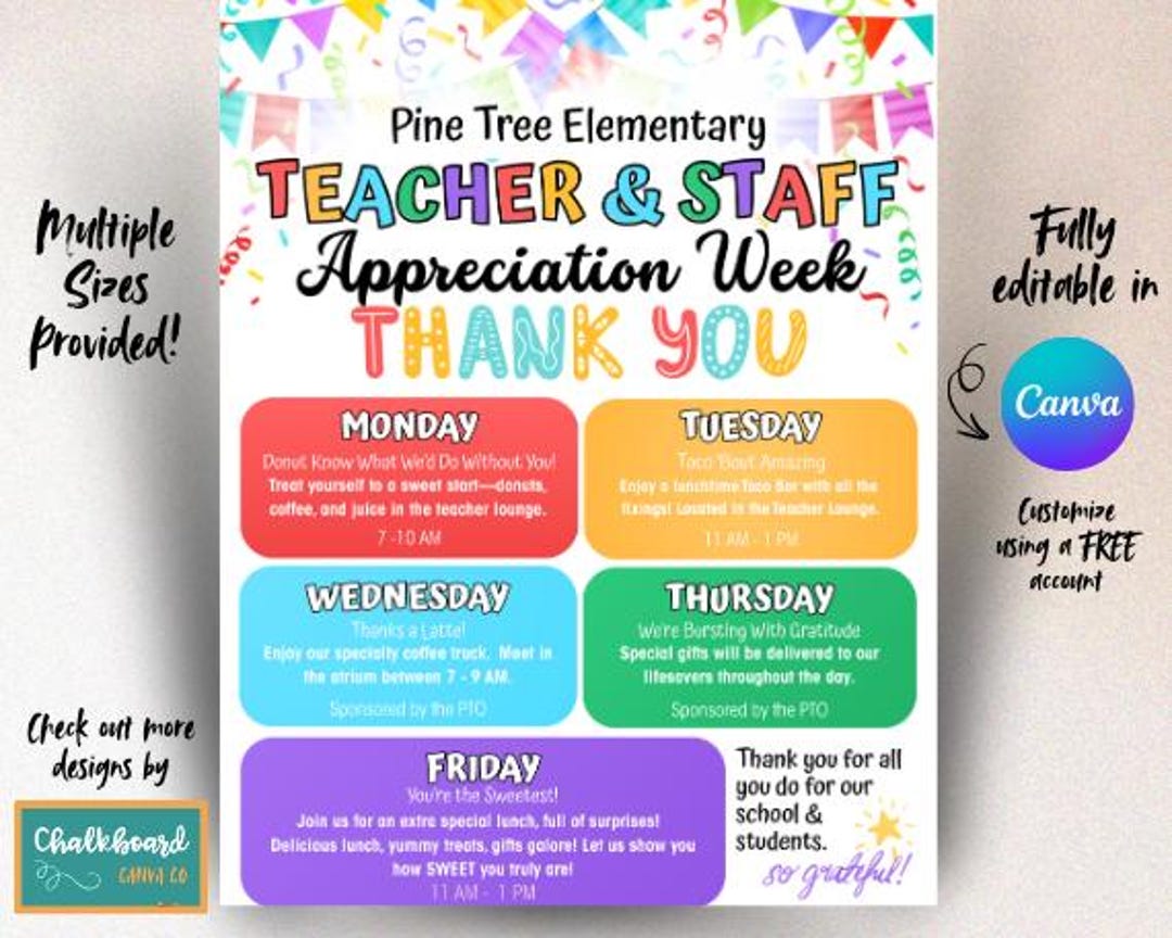 Editable Colorful Teacher and Staff Appreciation Itinerary Template ...