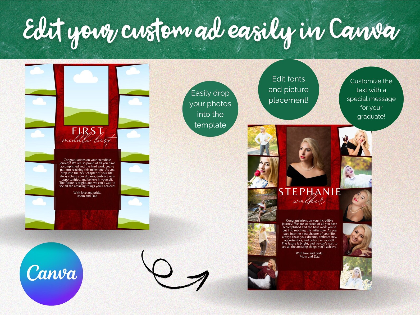 Editable Senior Yearbook Ad Template: Modern Photo Tribute (digital ...
