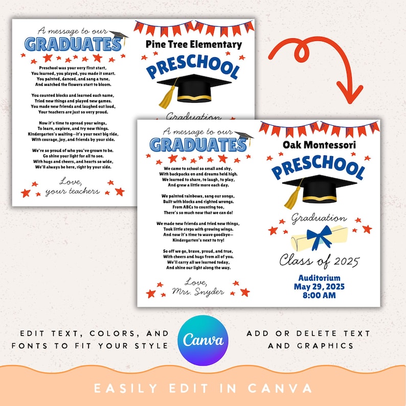 Editable Preschool Graduation Program Template: 6 Colors (canva ...