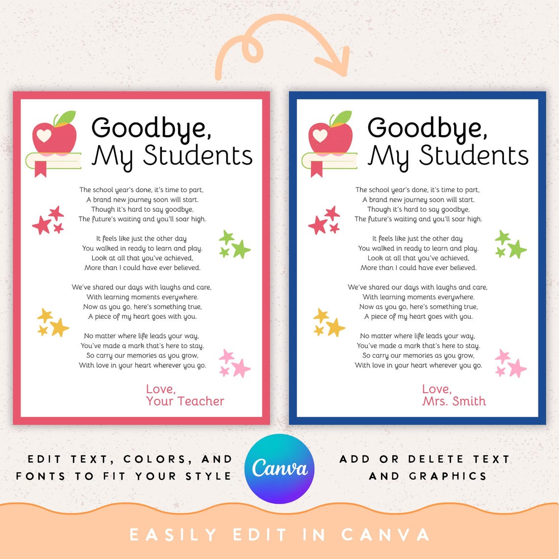 End of Year Student Letter | Teacher Goodbye Poem (canva Editable ...