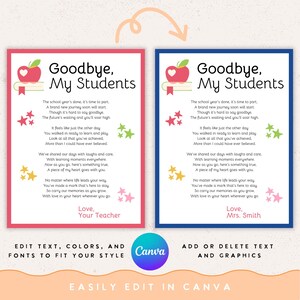 End of Year Student Letter | Teacher Goodbye Poem (canva Editable ...