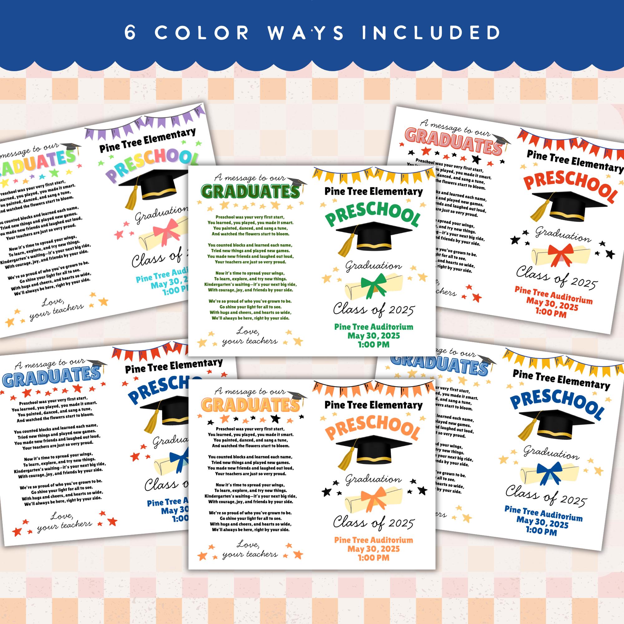 Editable Preschool Graduation Program Template: 6 Colors (canva ...