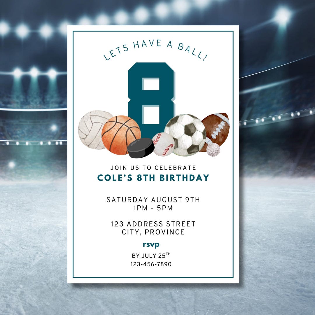 8th Sports Birthday Invitation Template | Canva Instant Download | Boys ...