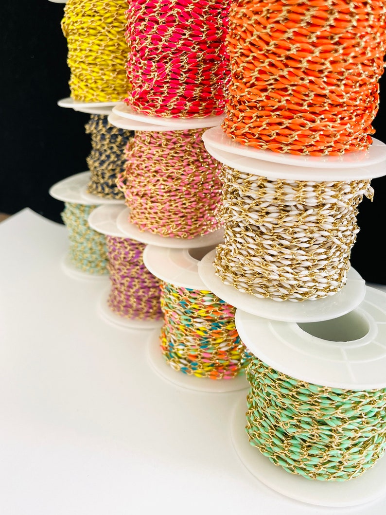 Multi-color Enamel Chains on Spool by the Foot - 18k Gold, Navy, Black ...