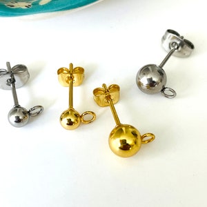 20 Earring Posts Round Ball Studs Post With Eyelet Gold Silver 316 ...