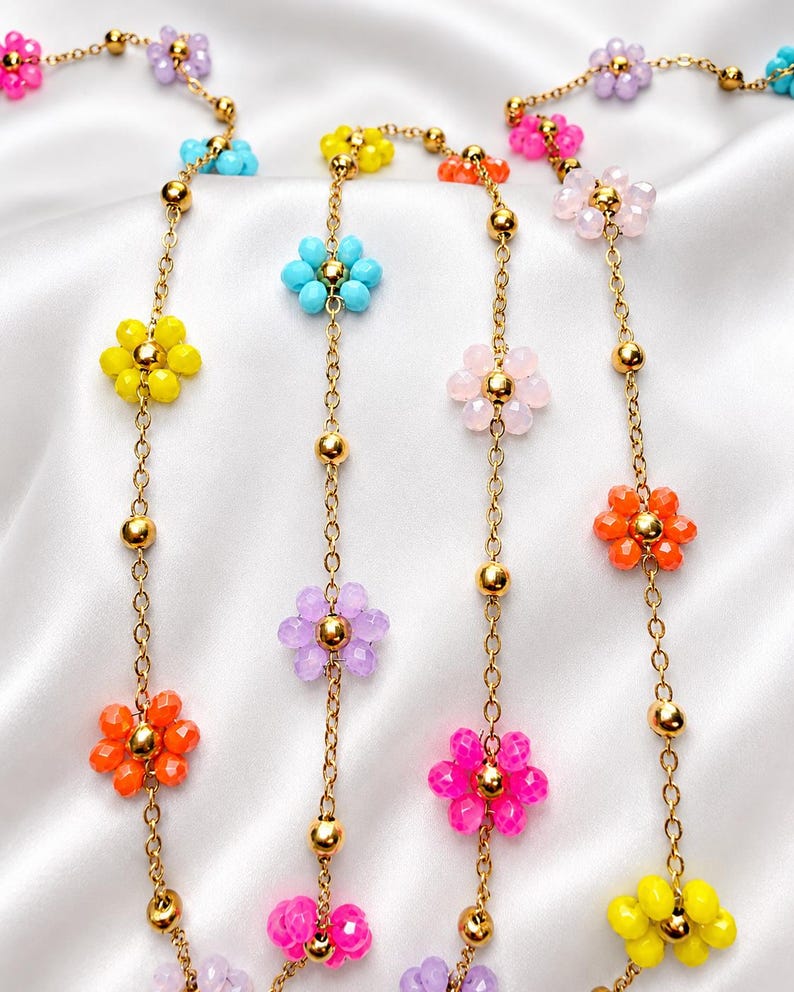 Neon Pastel Beaded Flower Chain – 18k Gold Stainless Steel Satellite ...