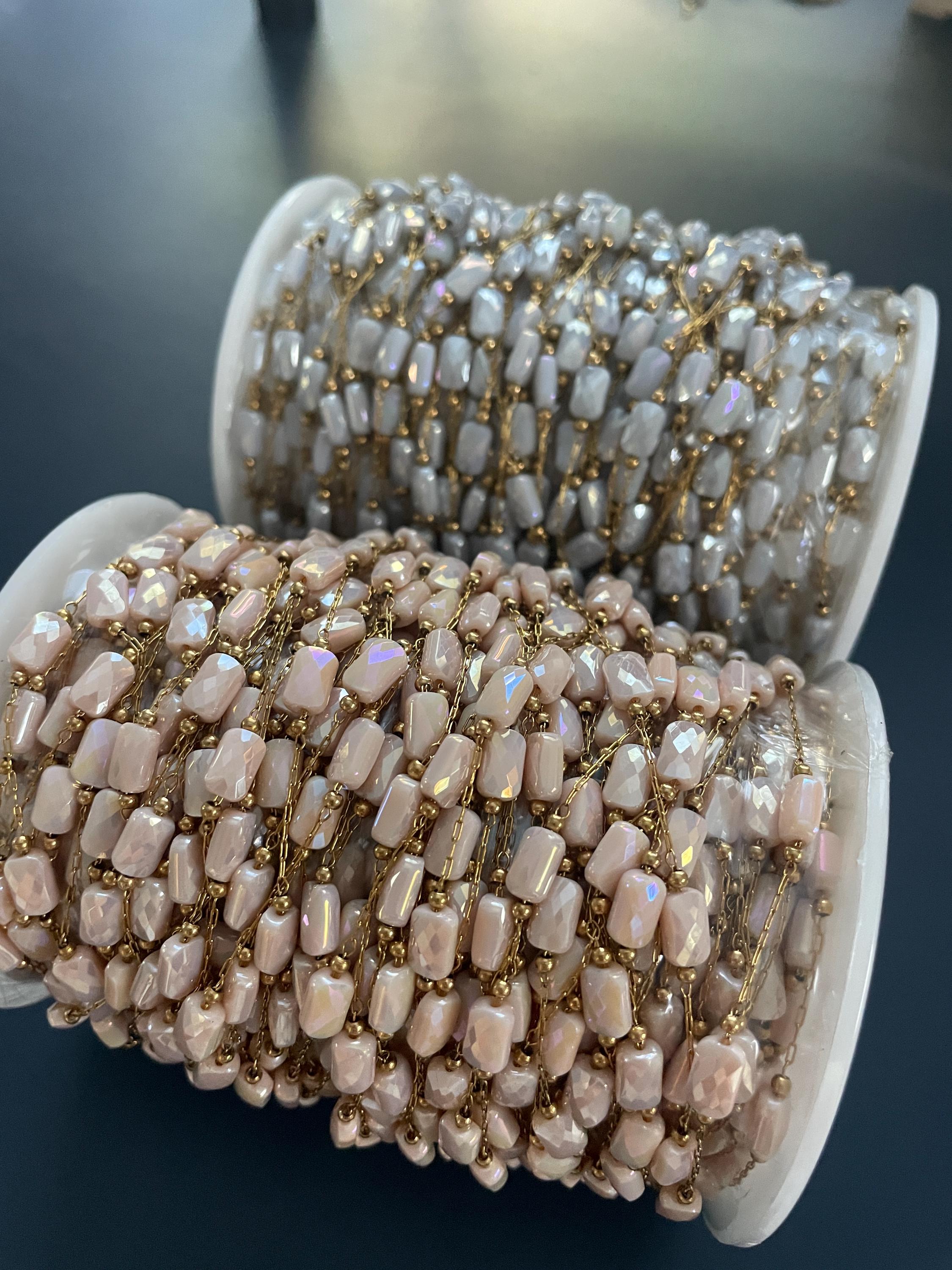 18k Gold Pearl White and Pink Crystal Glass Bead Chain: Tarnish ...
