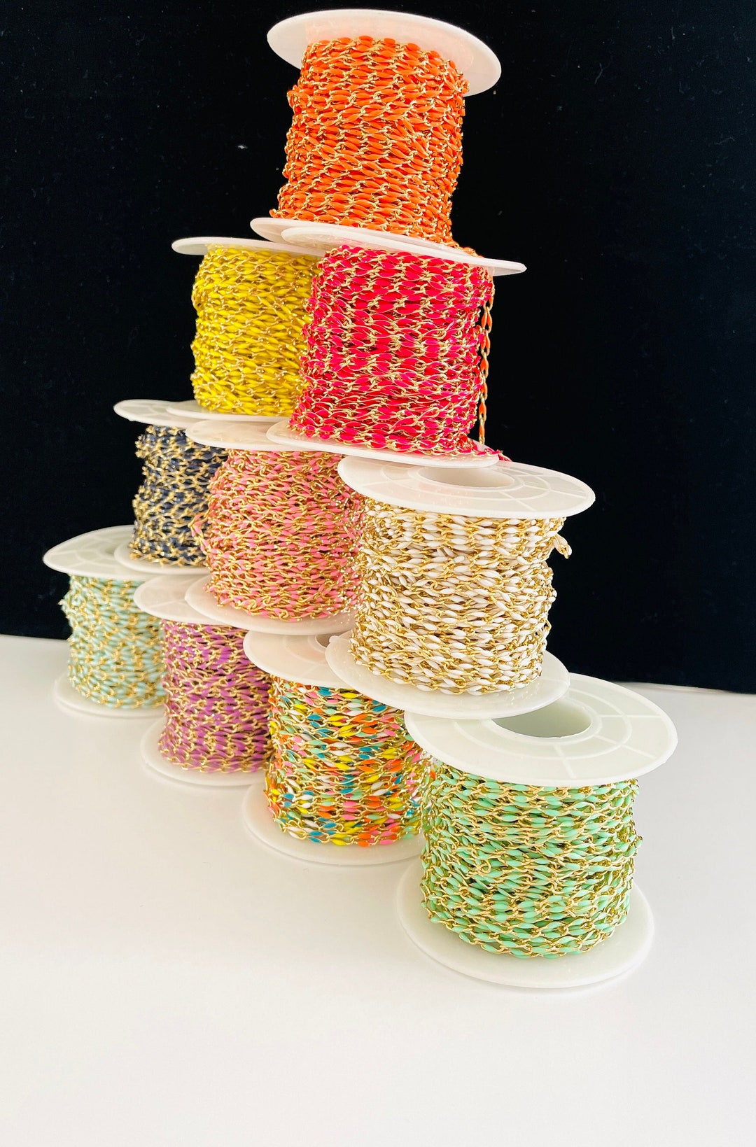 Multi-color Enamel Chains on Spool by the Foot - 18k Gold, Navy, Black ...