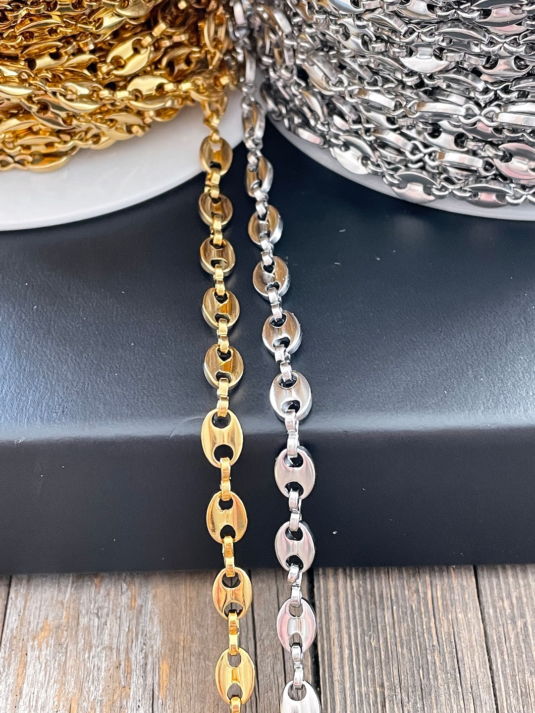 18k Gold and Silver Coffee Bean Chain, Stainless Steel Bulk Chains - Etsy