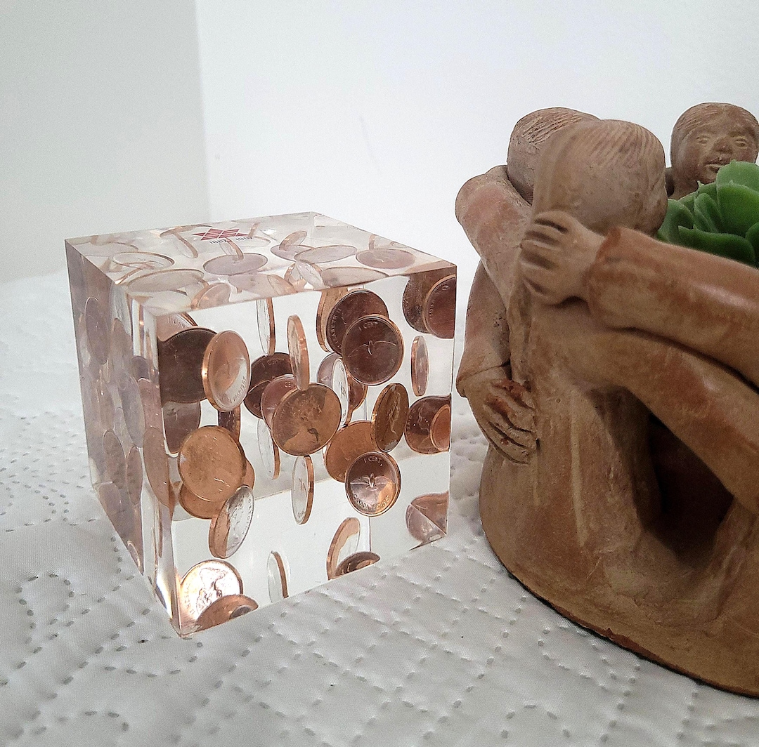 Unique Encased Canadian Penny Resin Cube, Coin Art Sculpture, Vintage ...
