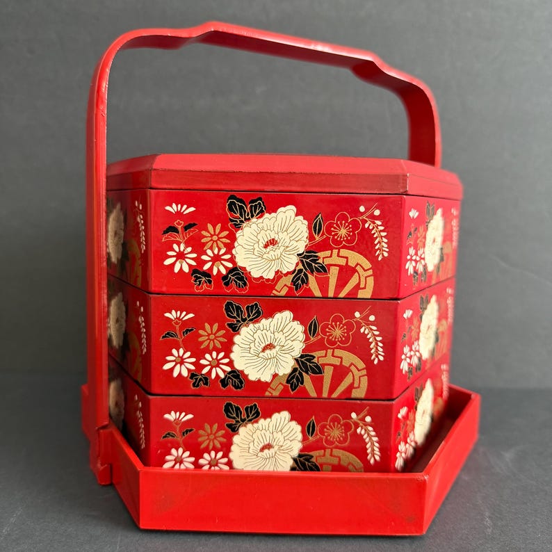 Vintage Japanese Lacquer Bento Box | Red Floral Stacking Lunch Box - Etsy