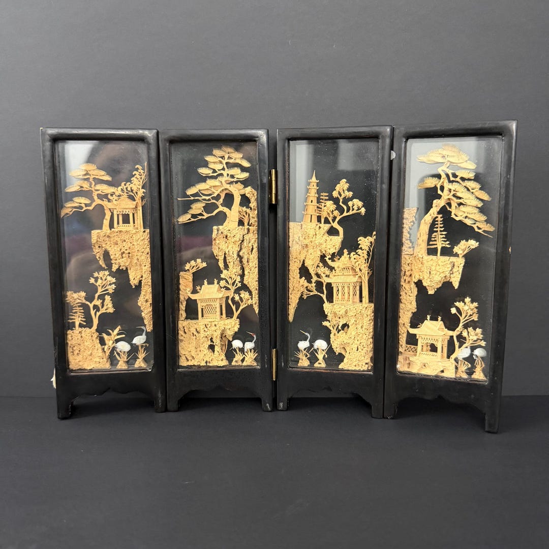 Vintage Chinese Cork Art Folding Screen | Black Lacquer Asian Landscape ...