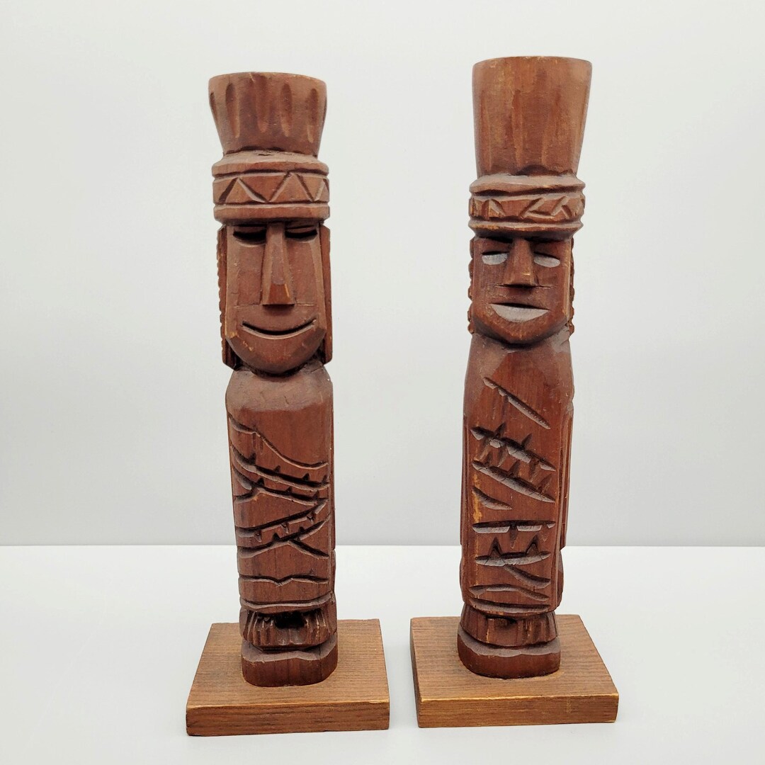 Carved Wooden Moai Candle Holders: Polynesian Island Decor, Set of 2 - Etsy