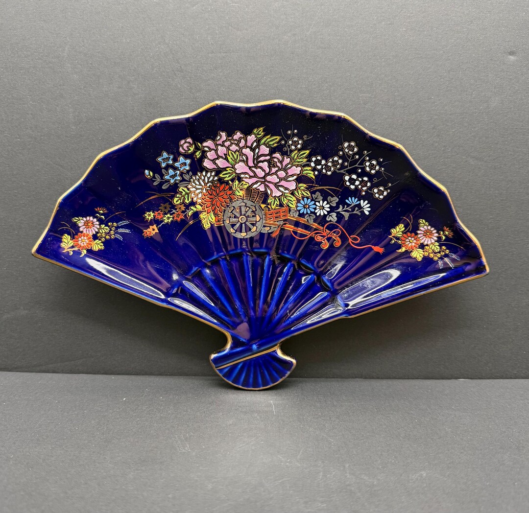 Vintage Cobalt Blue Japanese Fan Dish Hand Painted Ceramic Trinket Tray ...