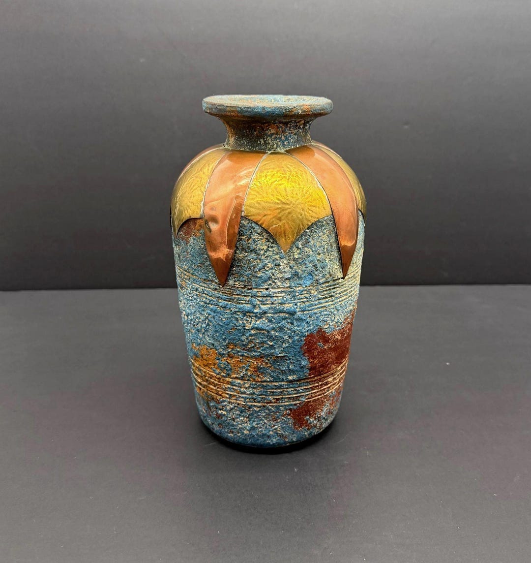 Rare Vintage Textured Blue Rustic Vase With Copper and Brass Accents - Etsy