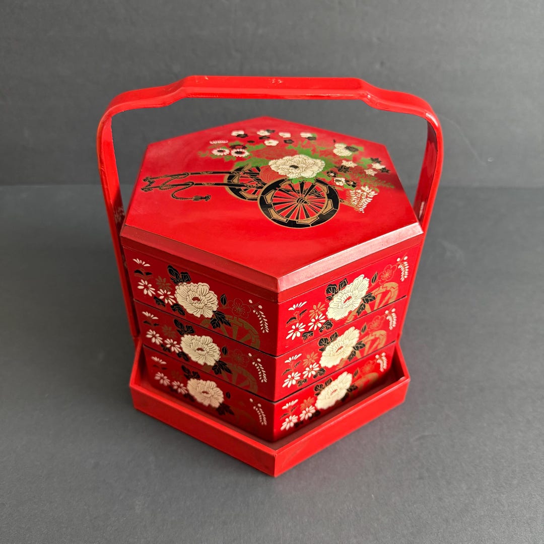 Vintage Japanese Style Lacquer Bento Box | Red Floral Stacking Lunch ...
