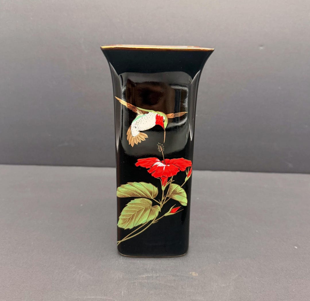 Vintage Otagiri Japan Black Hummingbird & Hibiscus Flower Bud Vase ...