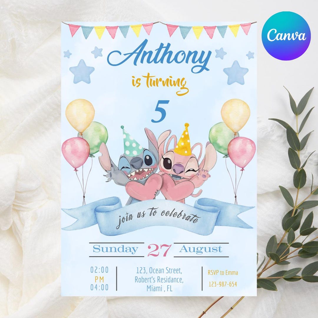 Stitch Birthday Invitation, Watercolor Stitch and Angel Invitation ...