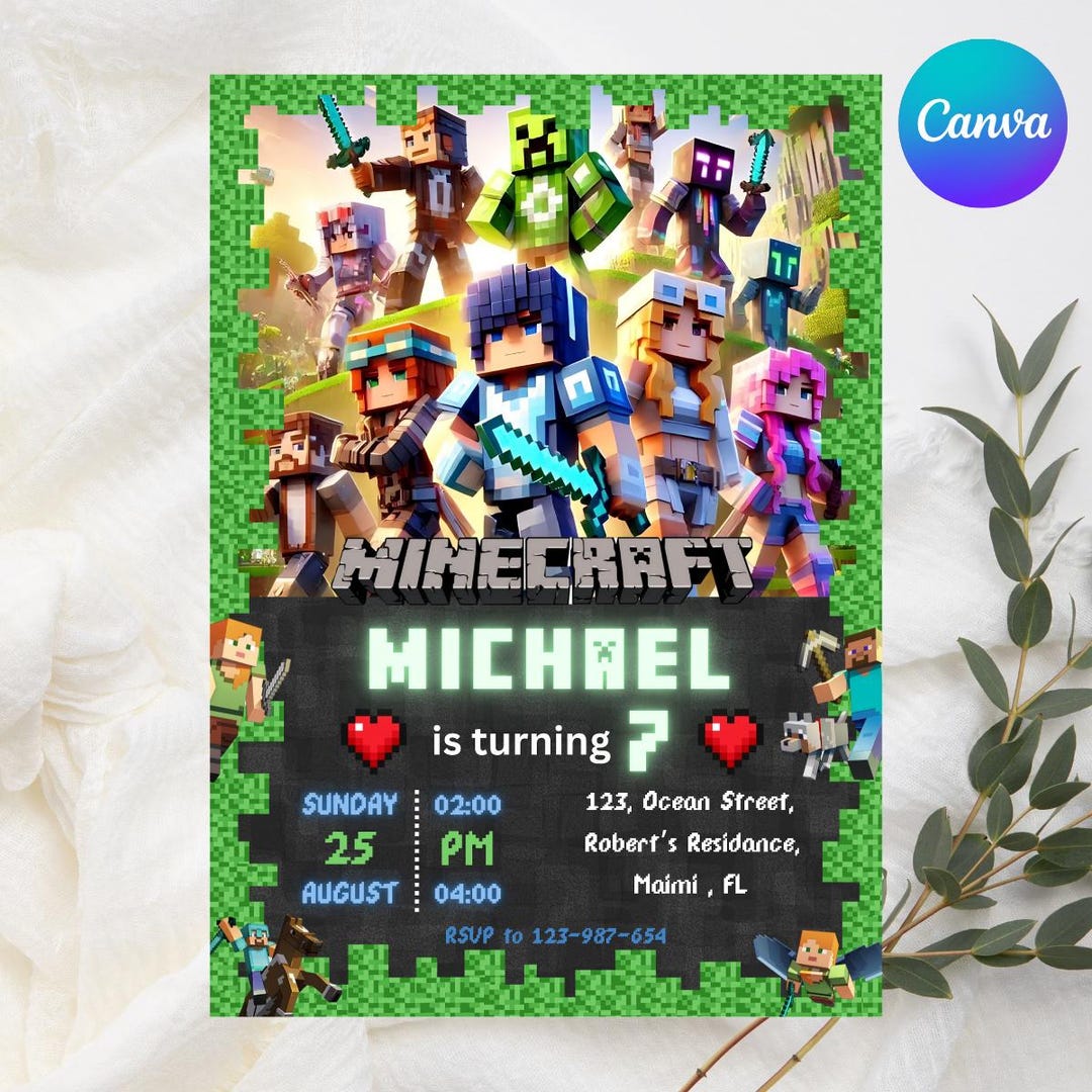 Minecraft Birthday Invitation, Minecrafter Invitation, Gamer Minecraft ...