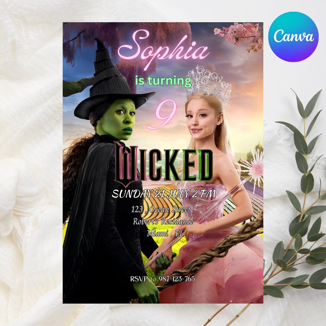 Wicked Birthday Invitation, Elphaba and Glinda Invitation, Wicked Party ...