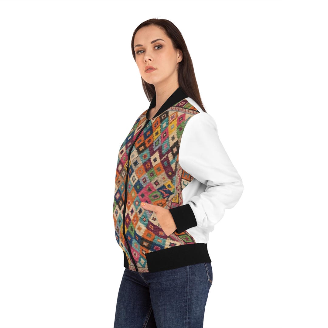Colorful Kilim Diamond Pattern Bomber Jacket | Moroccan Berber Print - Etsy