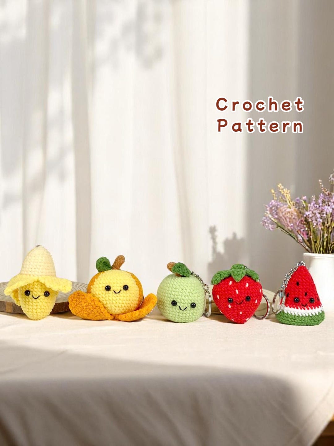 Fruit Keychain Crochet Pattern PDF, Banana, Orange, Strawberry, Apple ...