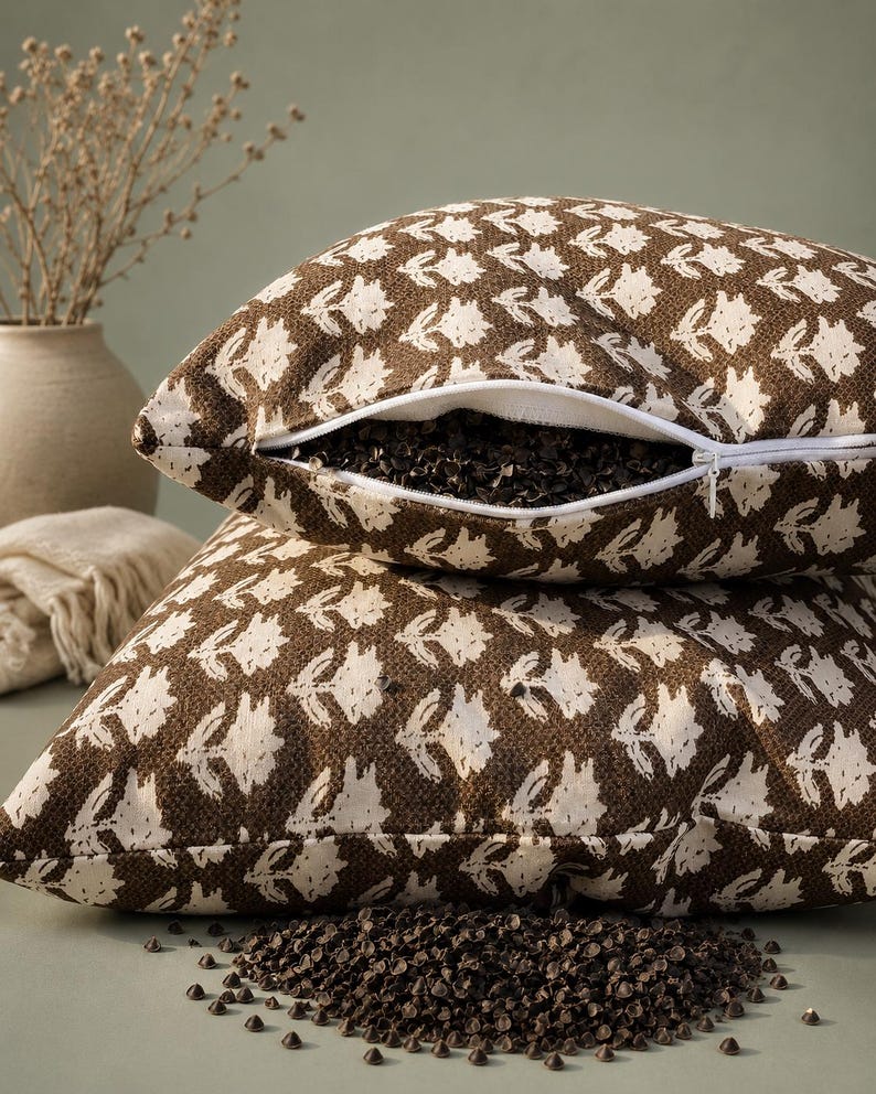 Handmade Buckwheat Pillow: Opal Brown Floral Cotton Cover - Etsy
