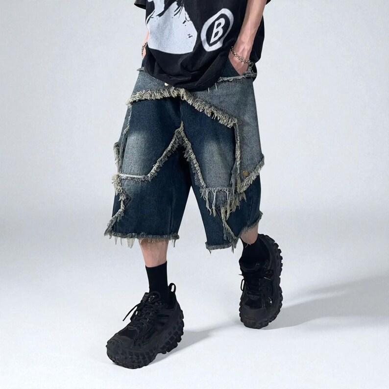 Men’s Patchwork Denim Shorts | Frayed Tassel Loose Fit Jorts | Grunge ...