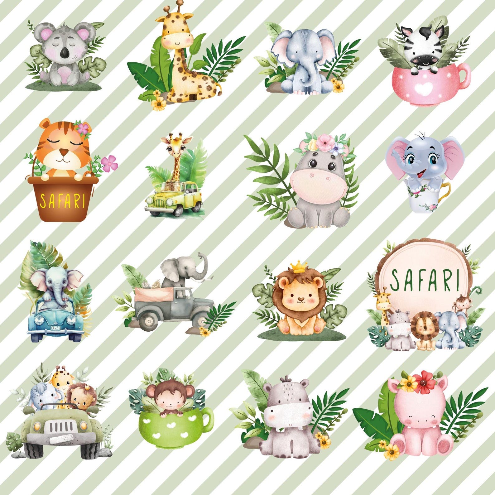 Watercolor Safari Animals Clipart: Baby Shower PNG SVG (digital ...