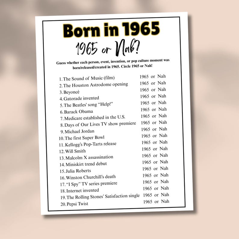 Born in 1965 Birthday Party Game: '1965 or Nah' Printable (PDF Download ...