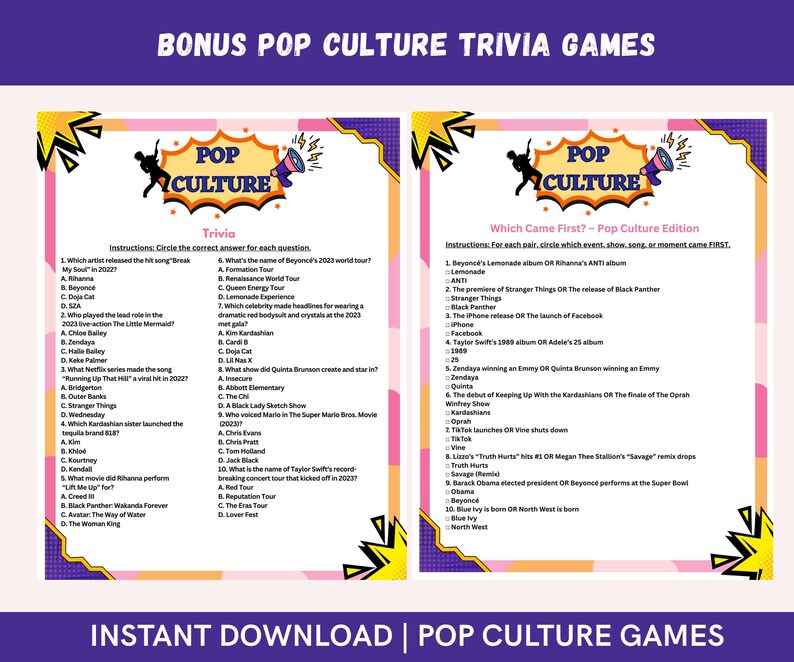 Pop Culture Trivia Game Bundle, Which Came First Quiz, Games for Kids ...