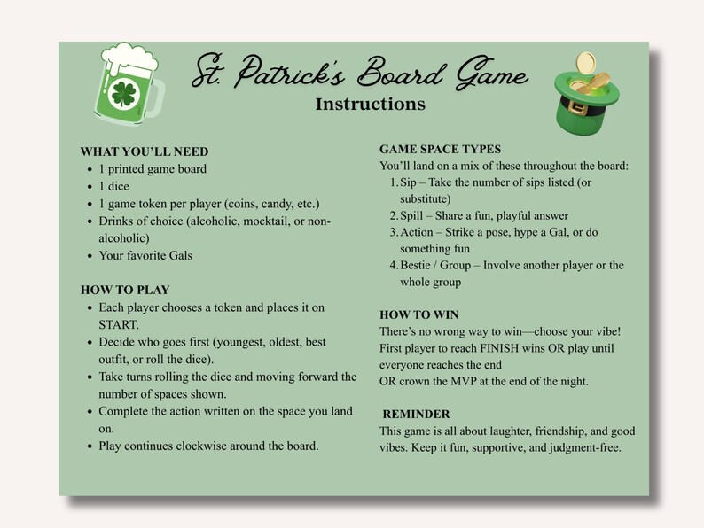 St. Patrick's Day Drinking Board Game, Adult Party Game Printable ...