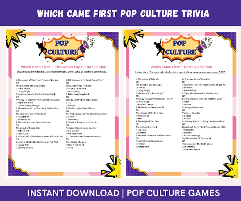 Pop Culture Trivia Game Bundle, Which Came First Quiz, Games for Kids ...