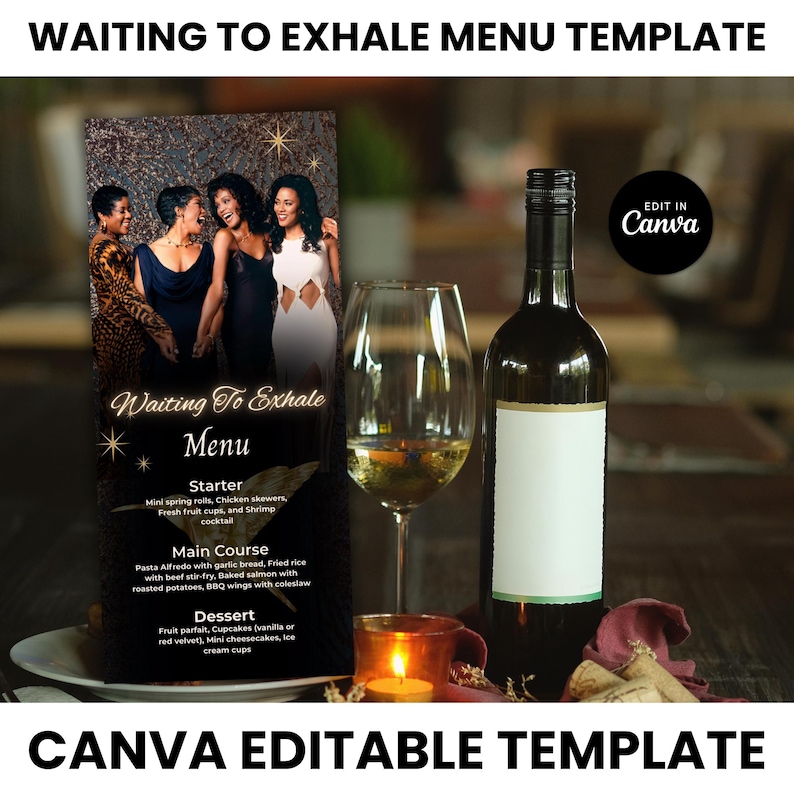Luxe Waiting to Exhale Party Menu: 90's Theme Girls Night Canva ...