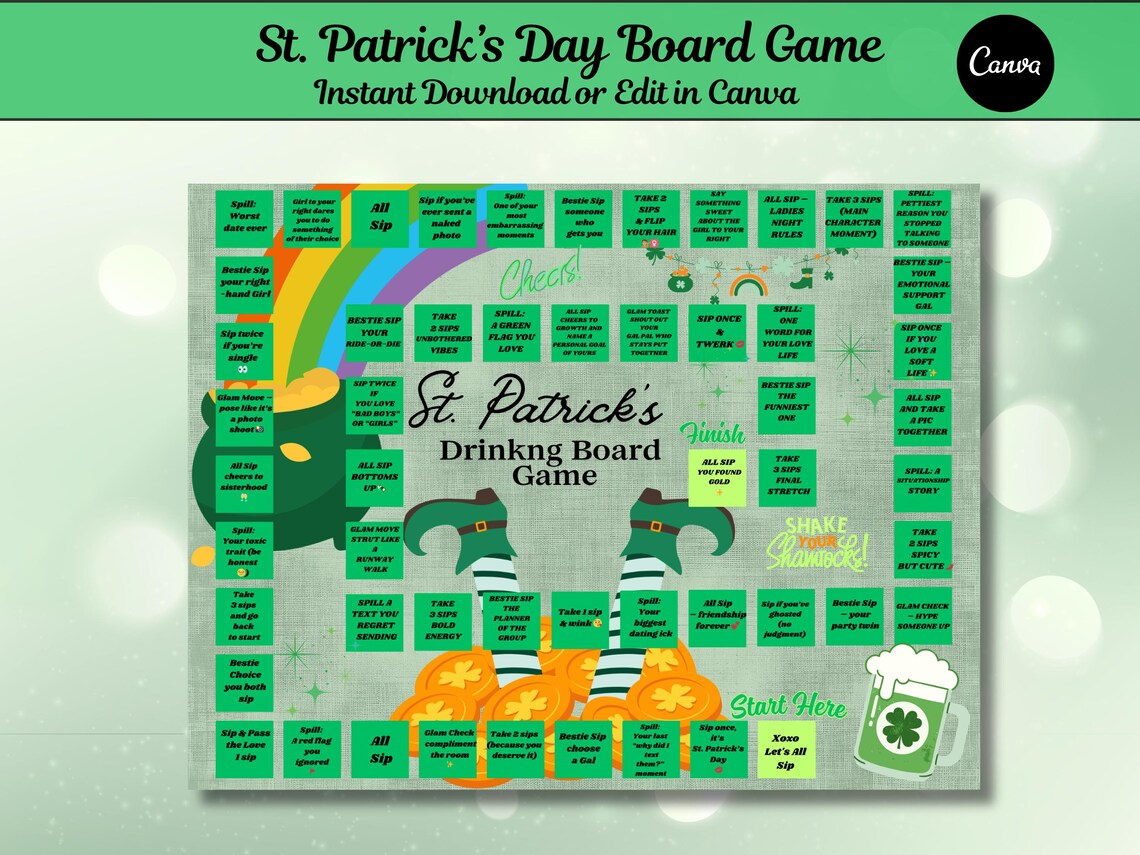 St. Patrick's Day Drinking Board Game, Adult Party Game Printable ...