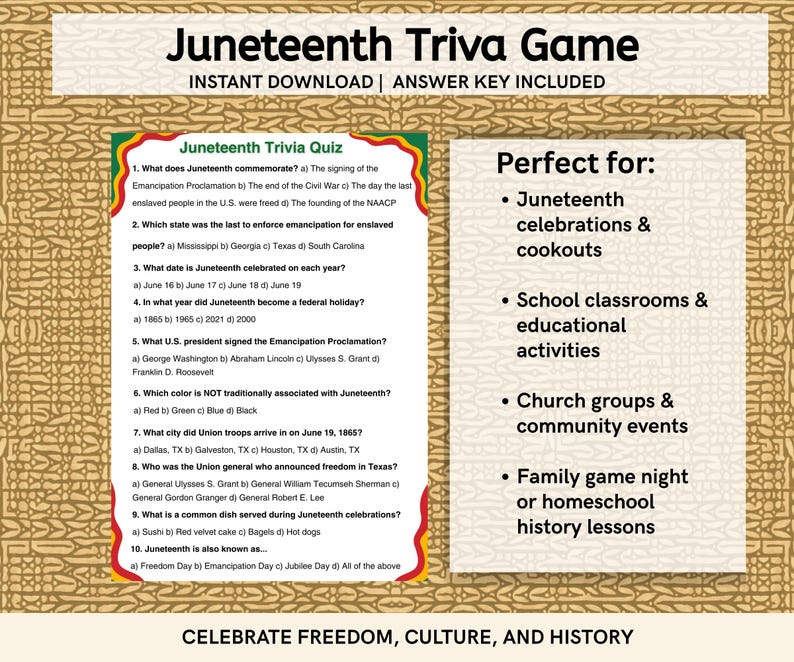 Juneteenth Trivia Game Printable – Educational Black History Quiz ...